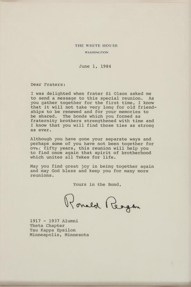 Typed Letter, signed, to his fraternity brothers