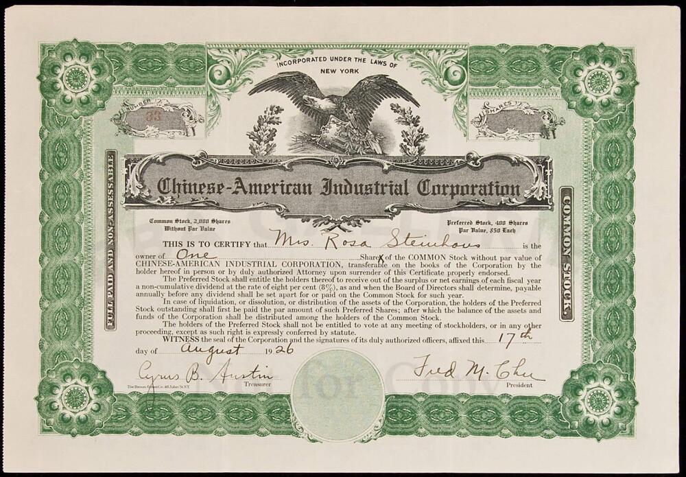 1926 Chinese-American industrial corporation stock certificate