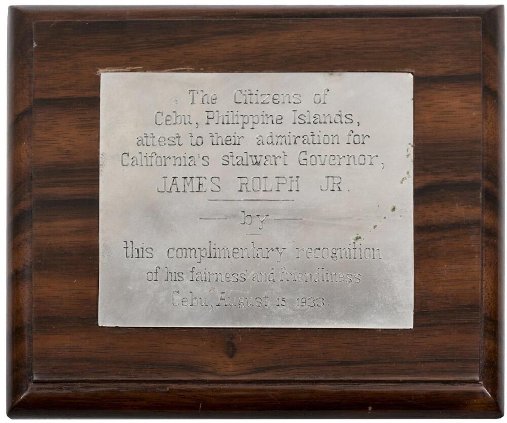 Engraved silver plaque presented in admiration to James Rolph, Jr., by ...
