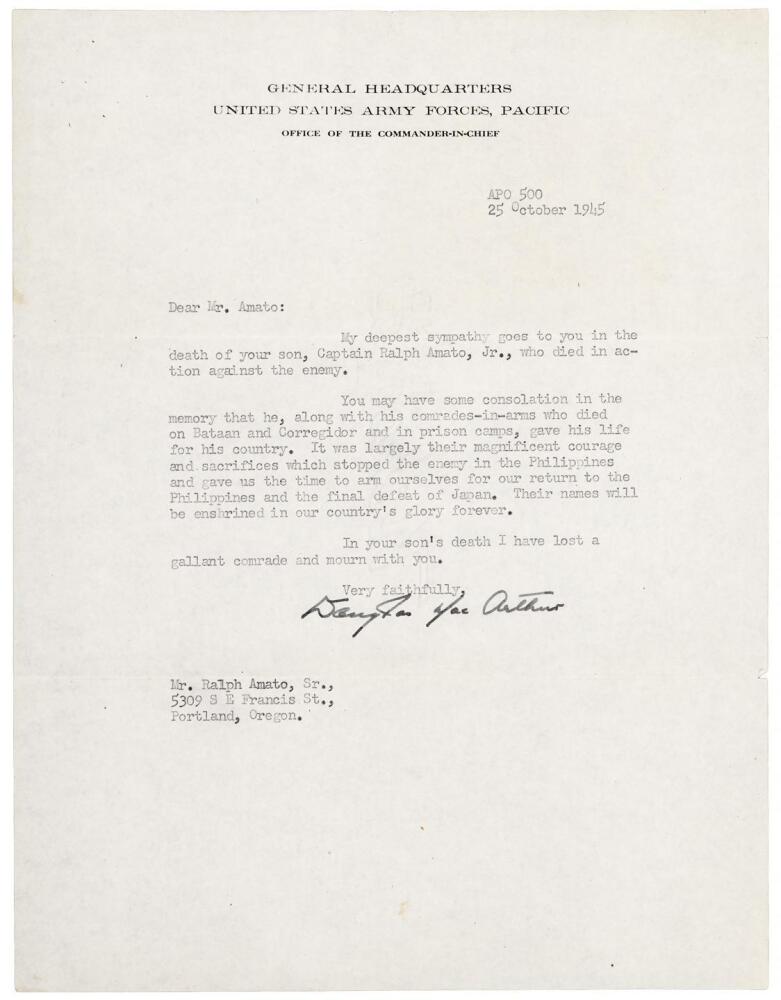 Typed Letter Signed by Douglas MacArthur, offering condolences to the ...