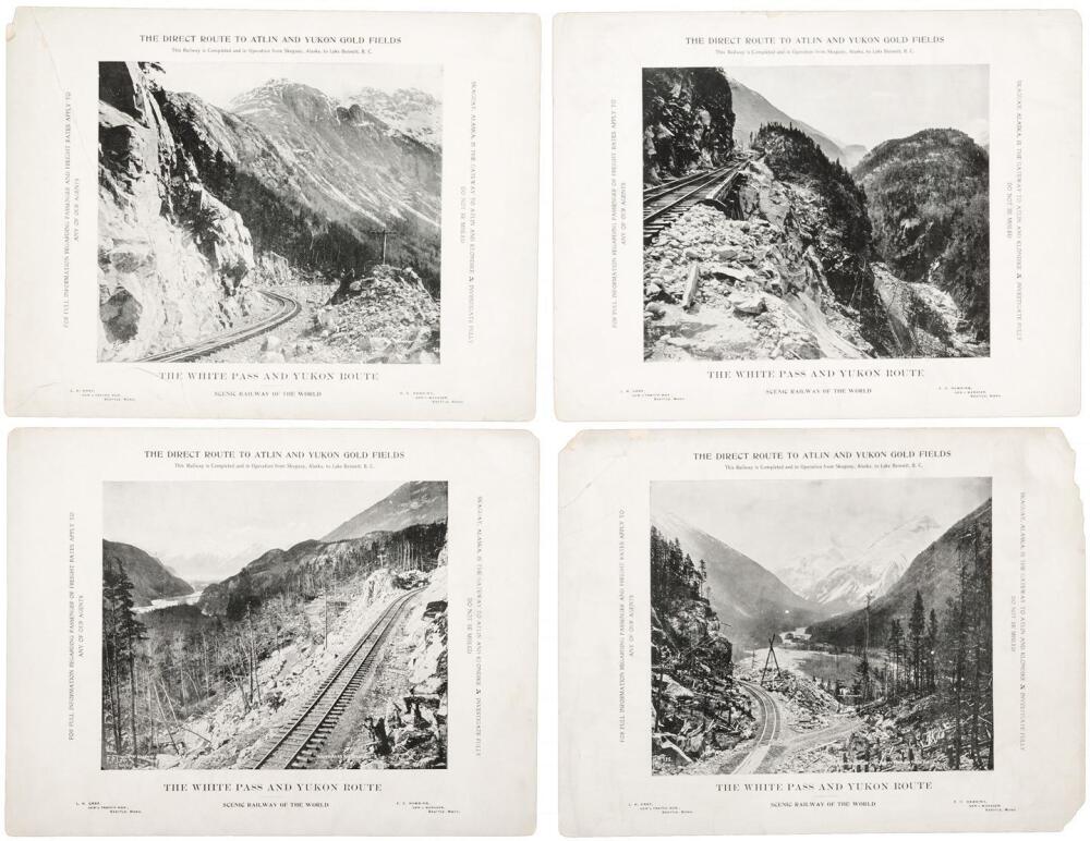Four Railroad Advertising Cards, circa 1898. Yukon and Atlin Gold Rush