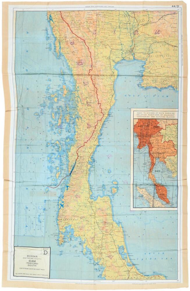 Two silk double-sided British pilot escape maps of French Indochina ...