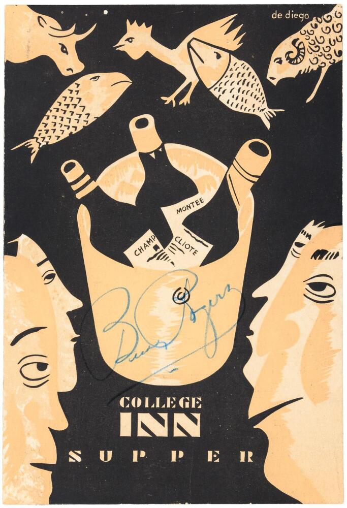 Art Deco illustrated menu for College Inn, Chicago, signed by Jazz band ...