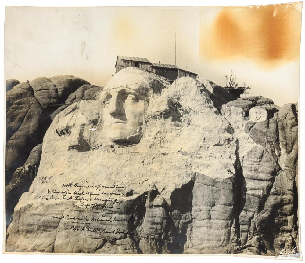 Original photograph of a partially completed Mount Rushmore, inscribed ...