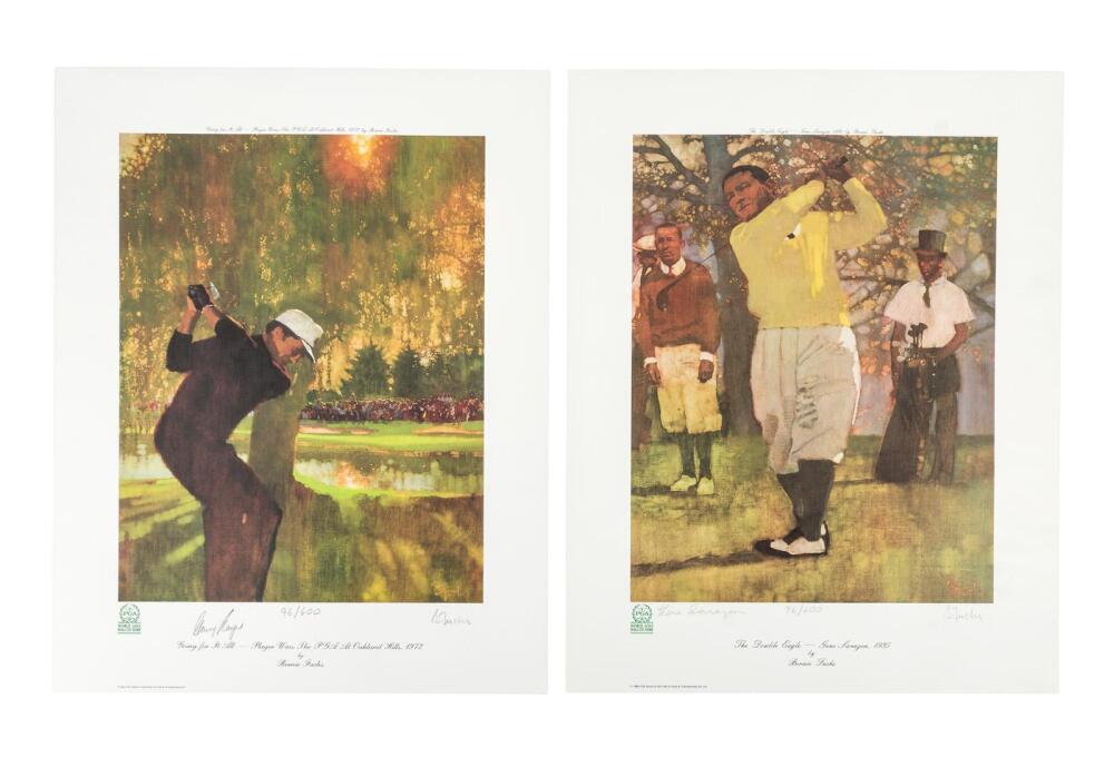 Five golfing prints by Bernie Fuchs signed by the golfers pictured ...