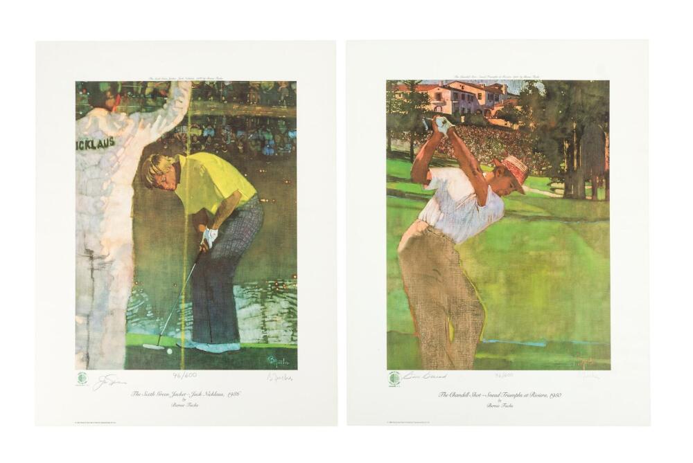 Five golfing prints by Bernie Fuchs signed by the golfers pictured ...