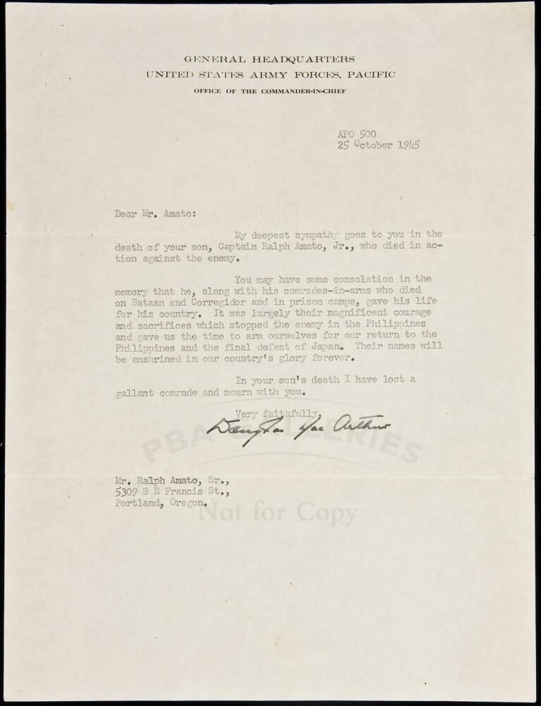 Typed Letter Signed by Douglas MacArthur, offering condolences to the ...