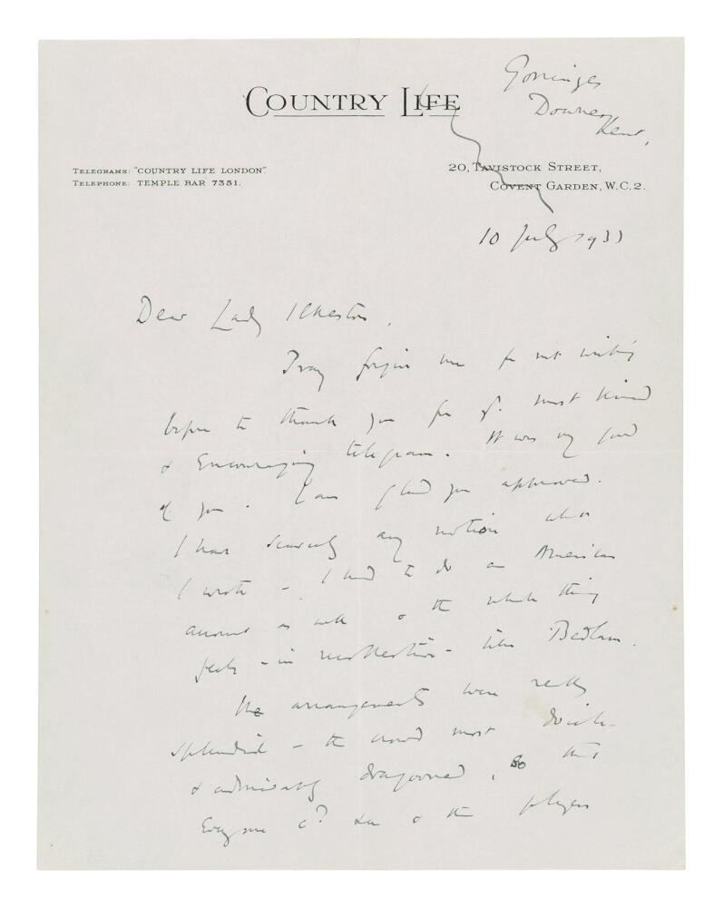 Autograph letter on Country Life letterhead