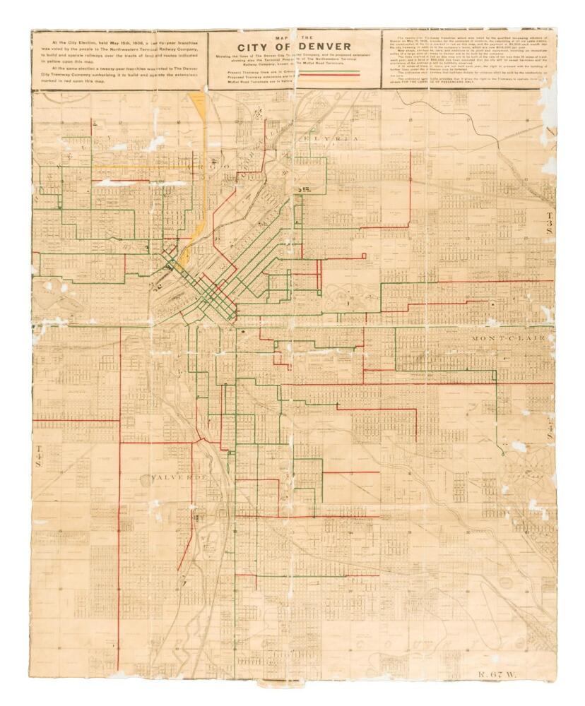 Map of the city of Denver showing the lines of the Denver City Tramway ...