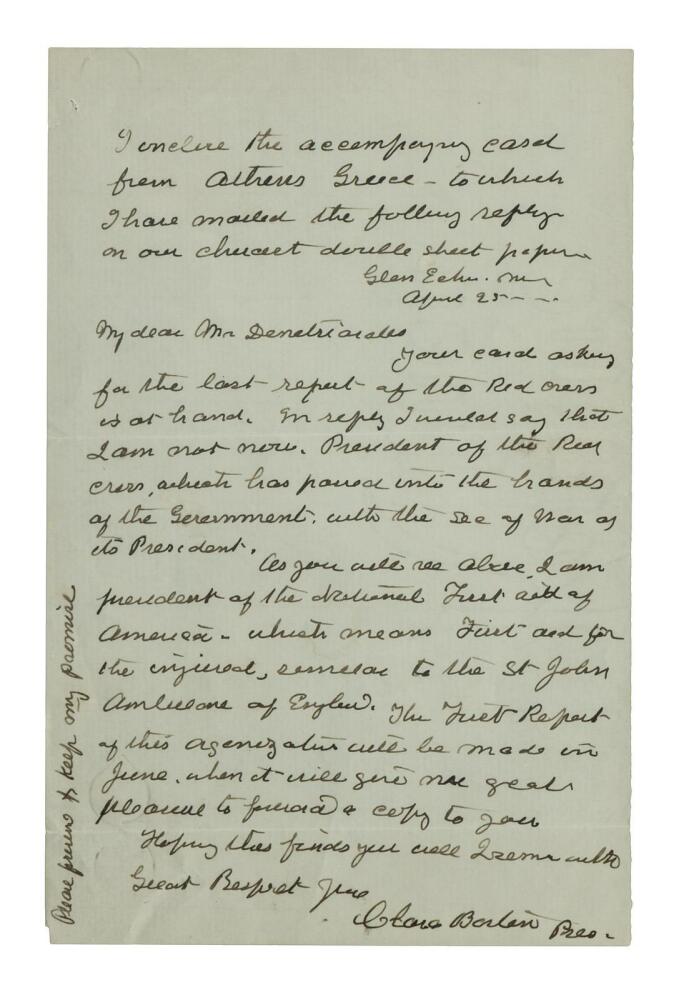 Letter from Clara Barton written shortly after she was forced to resign ...