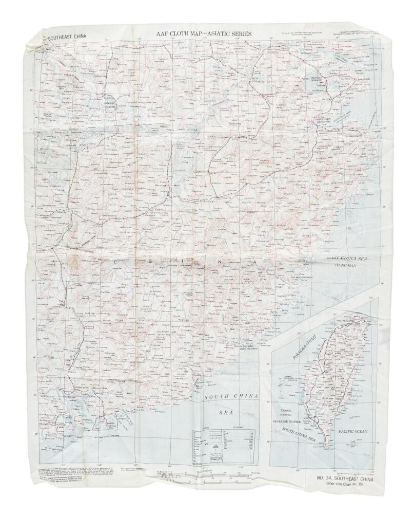 US Army Air Force pilot silk escape map of China, 1944
