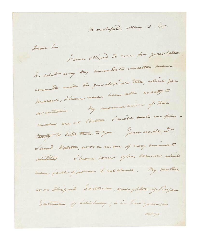 Autograph letter, signed, in regards to the Webster family tree