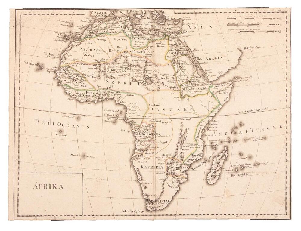 Three maps, of Africa, Asia, and the Iberian Peninsula