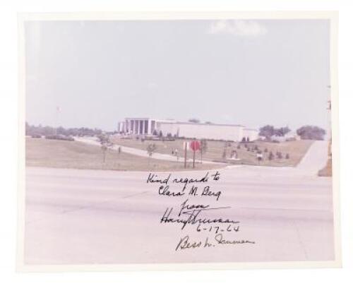 Signed by Harry and Bess Truman, color photo of Presidential Library