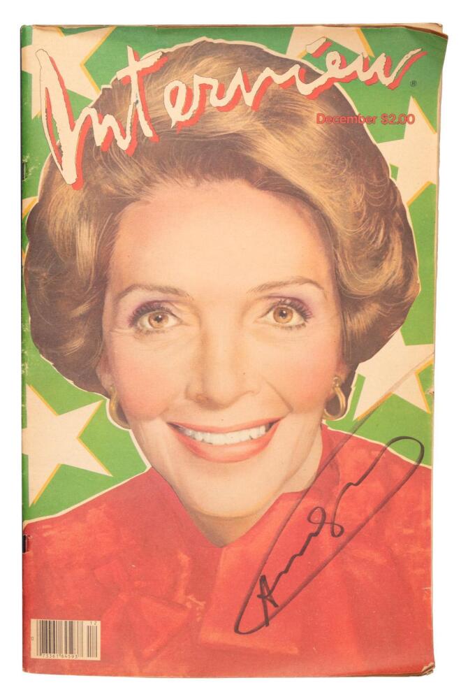 Interview magazine with Nancy Reagan on the cover, boldly signed by Andy Warhol
