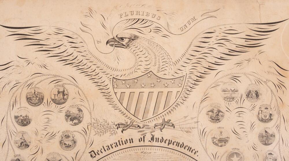 Lithographed Declaration of Independence in calligraphy that forms a ...