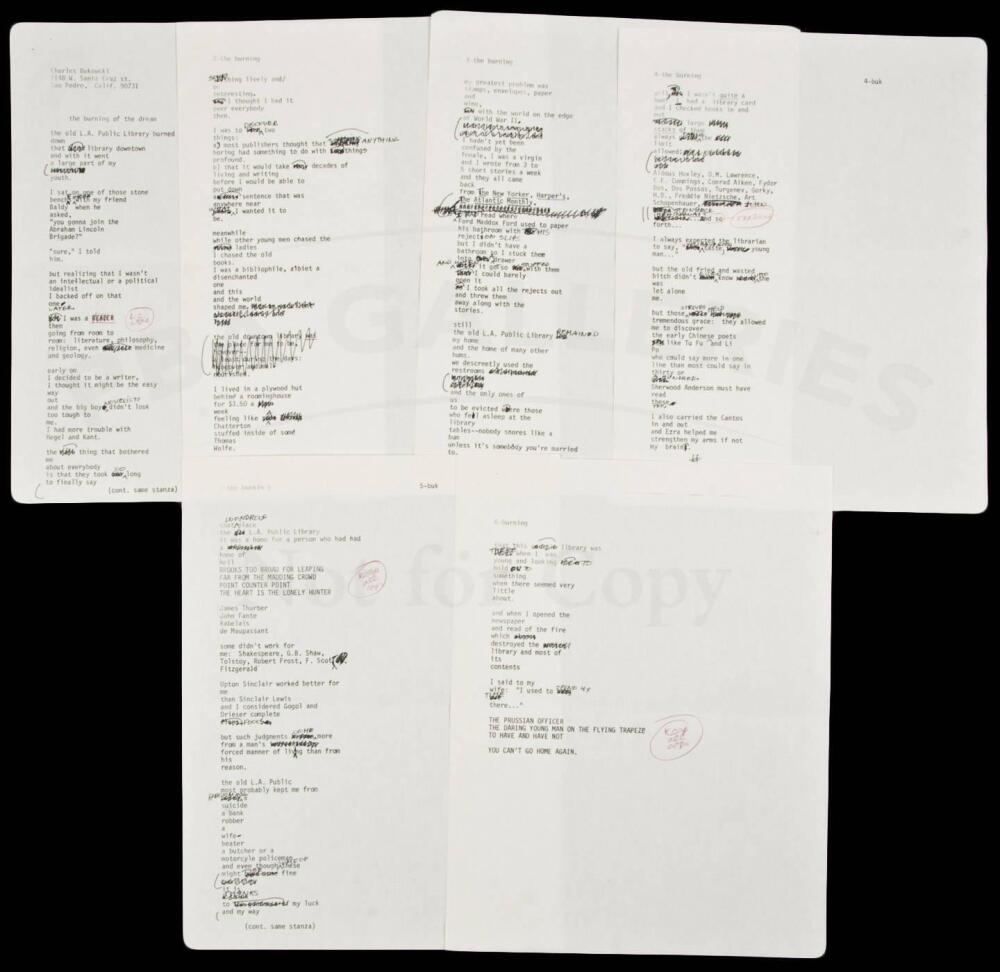 the burning of the dream” - manuscript poem signed by Charles Bukowski