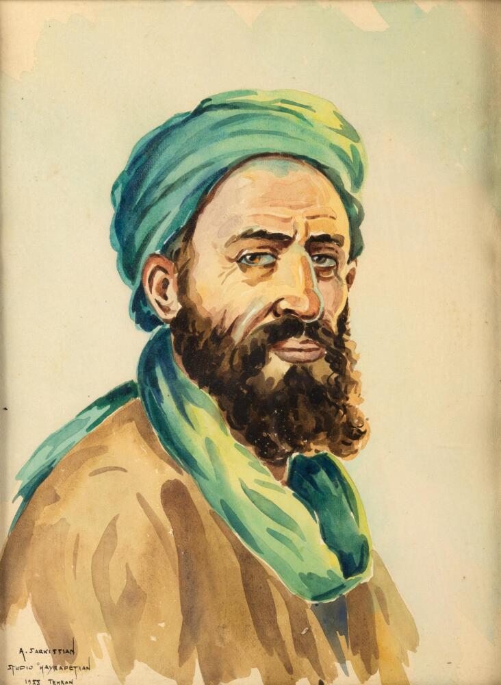 Two watercolor paintings of Iranian men with beards and turbans