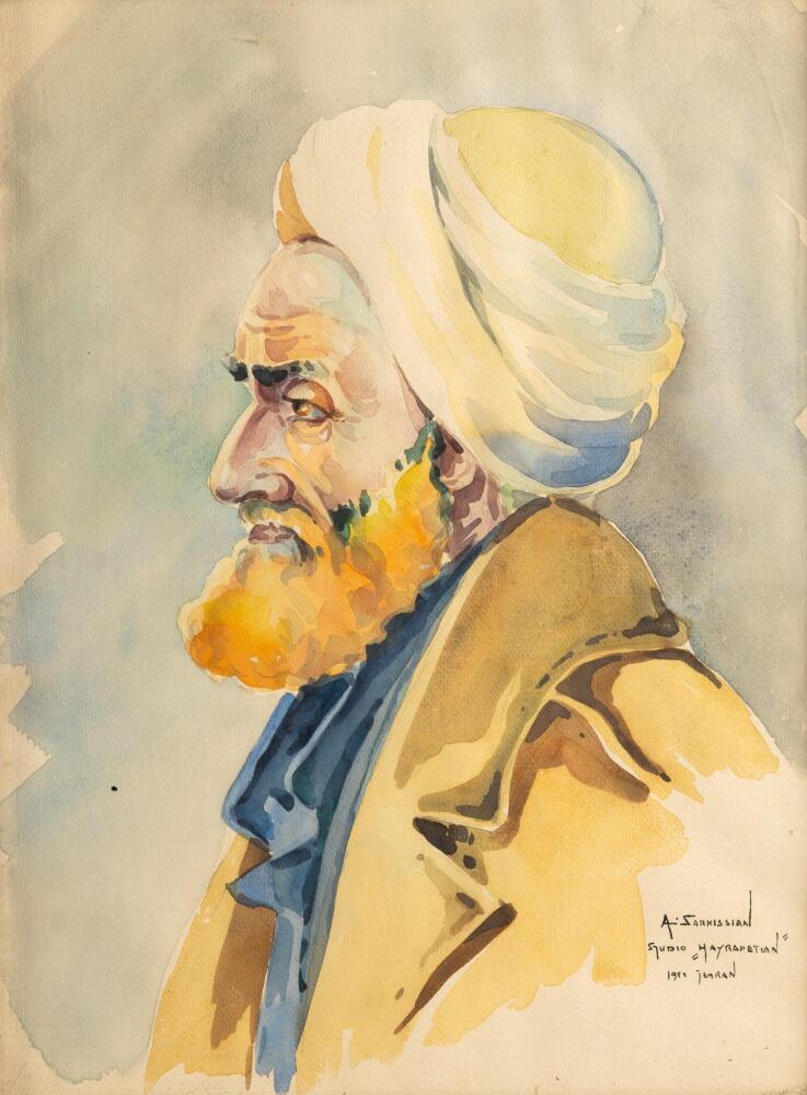 Two watercolor paintings of Iranian men with beards and turbans