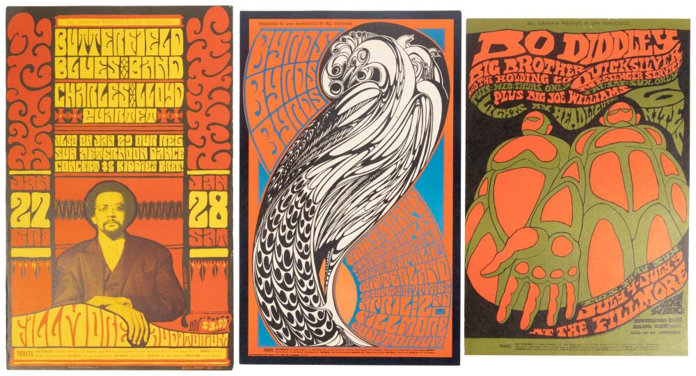 Five posters for concerts presented by Bill Graham at the Fillmore ...