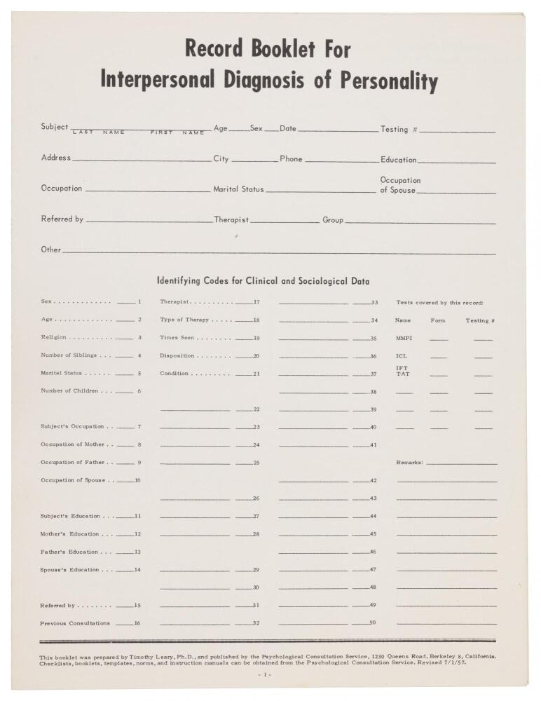 Record Booklet for Interpersonal Diagnosis of Personality
