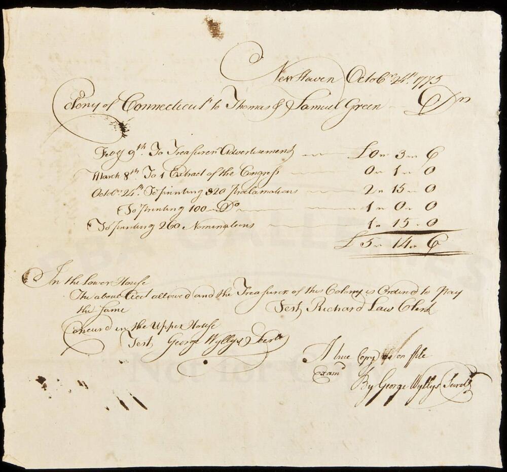 Manuscript document authorizing payment to Thomas and Samuel Green for ...