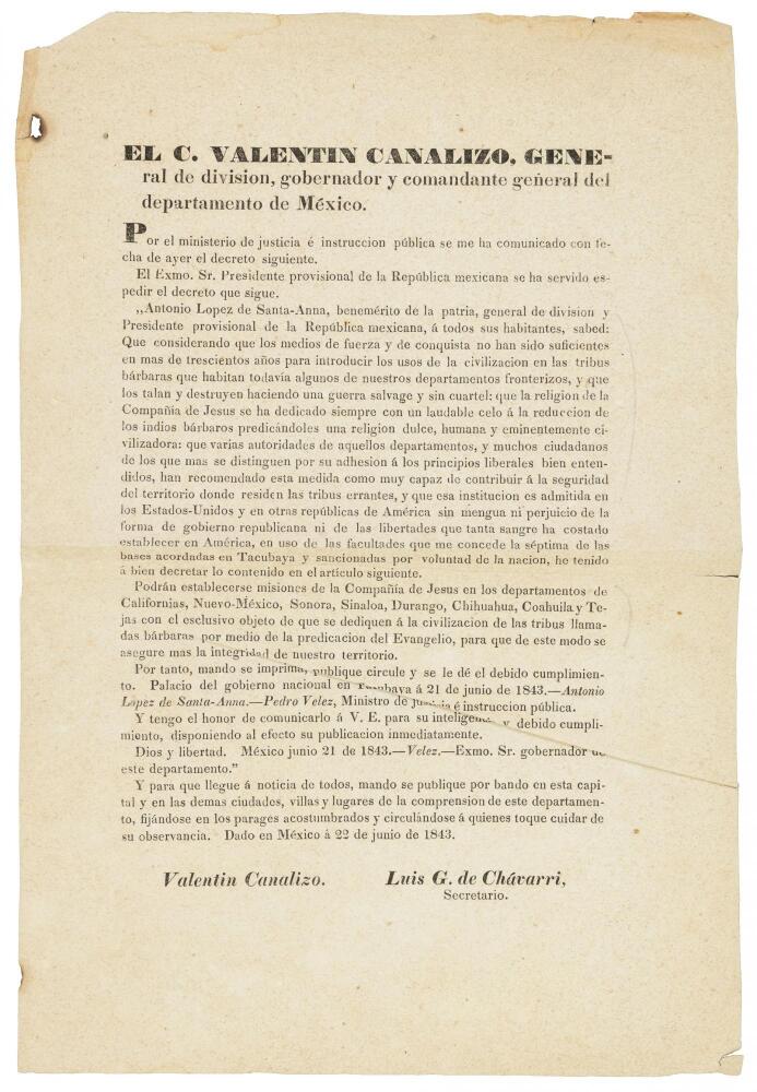 Valentin Canalizo, General de Division, Governador y Comandante General ...