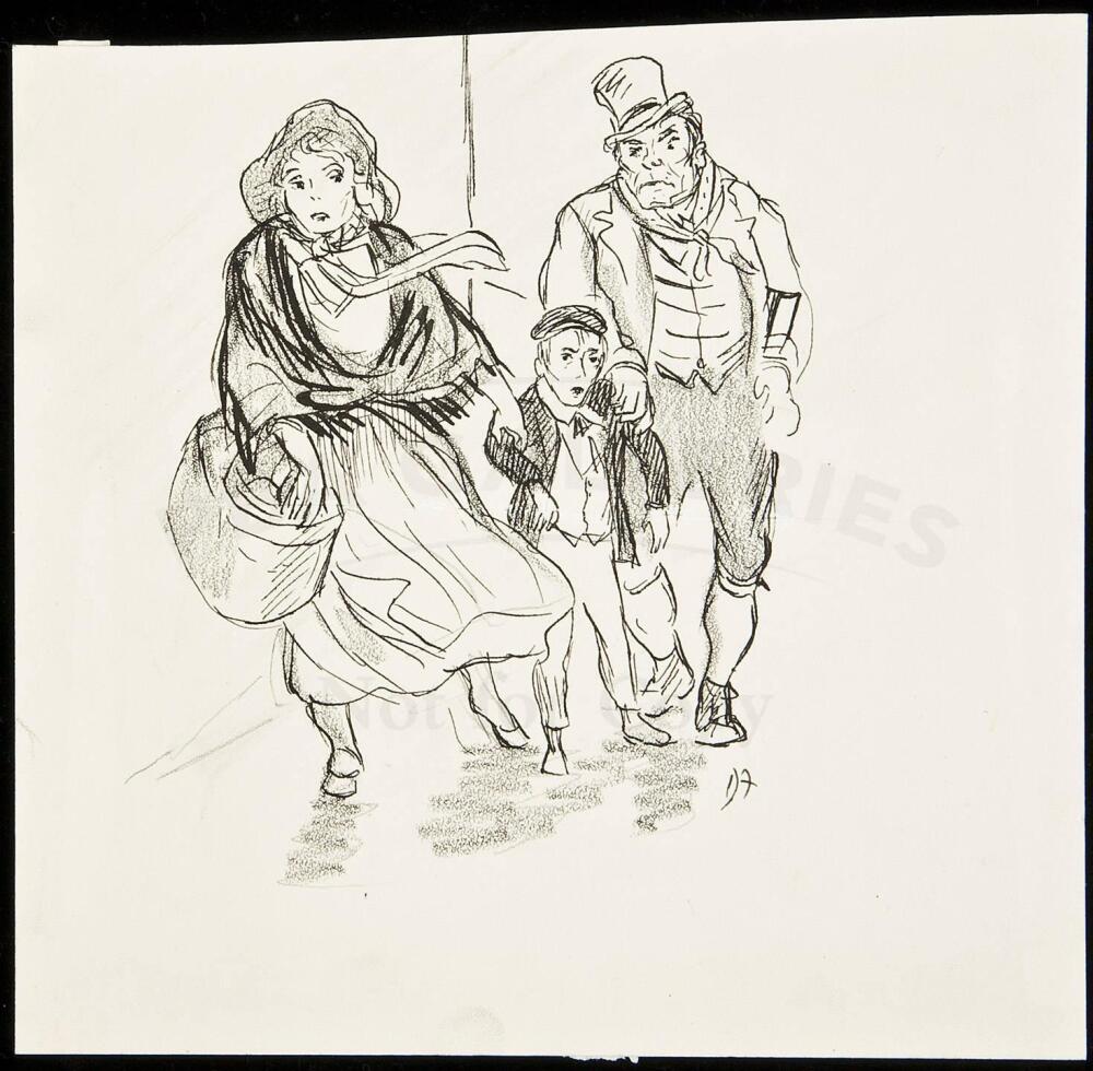 Oliver Twist - original ink drawing of Nancy, Bill and Oliver