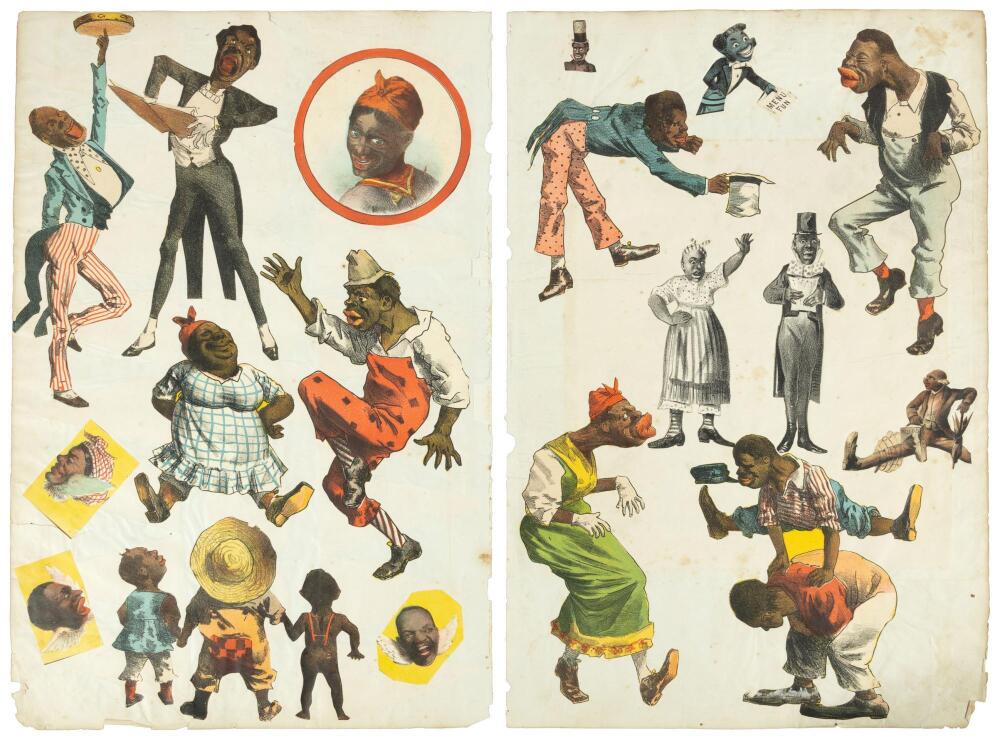 Two sheets with racist color lithographed cut-outs of African American ...