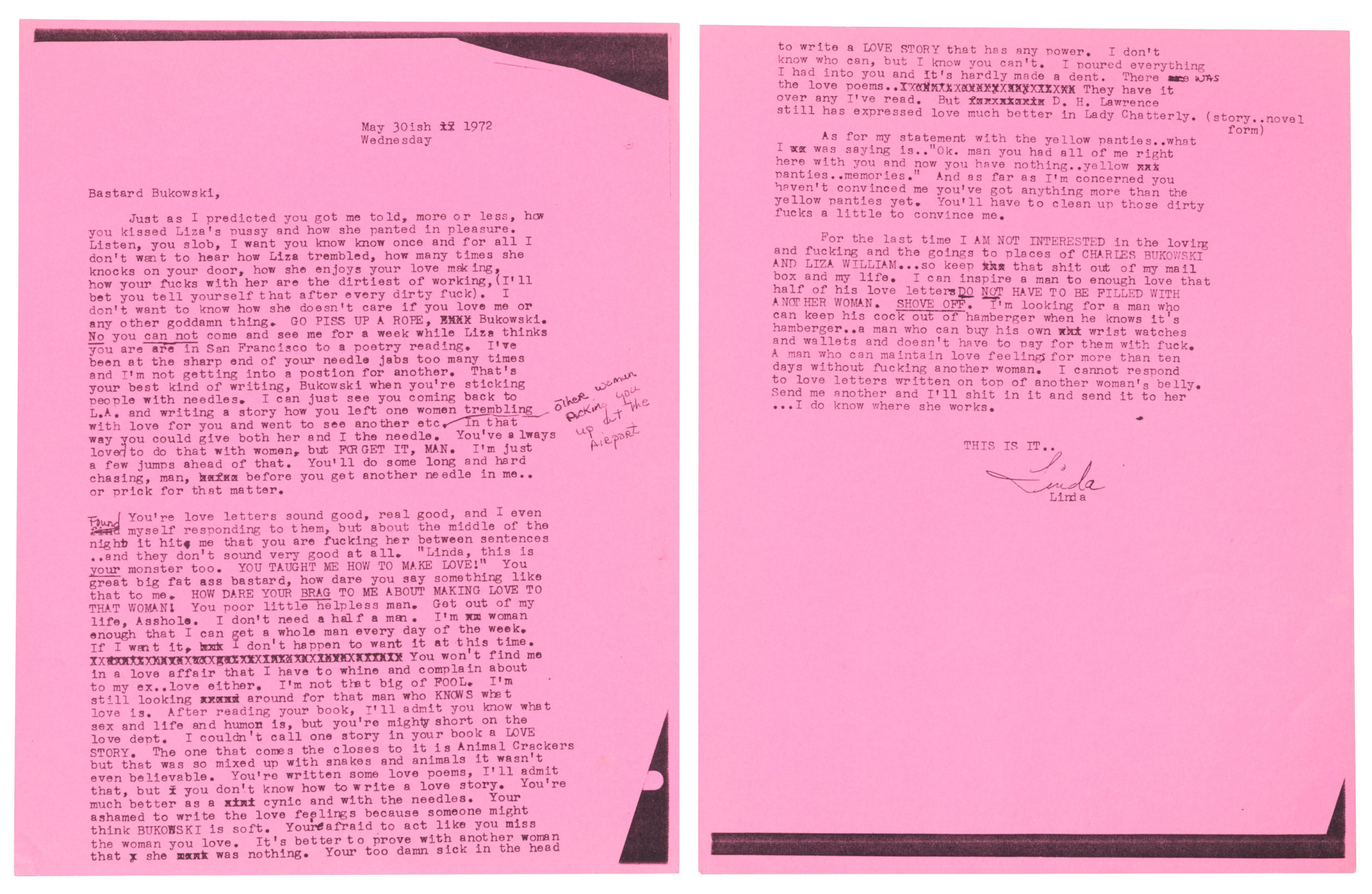 Large selection of photocopied letters from Linda King to Charles Bukowski