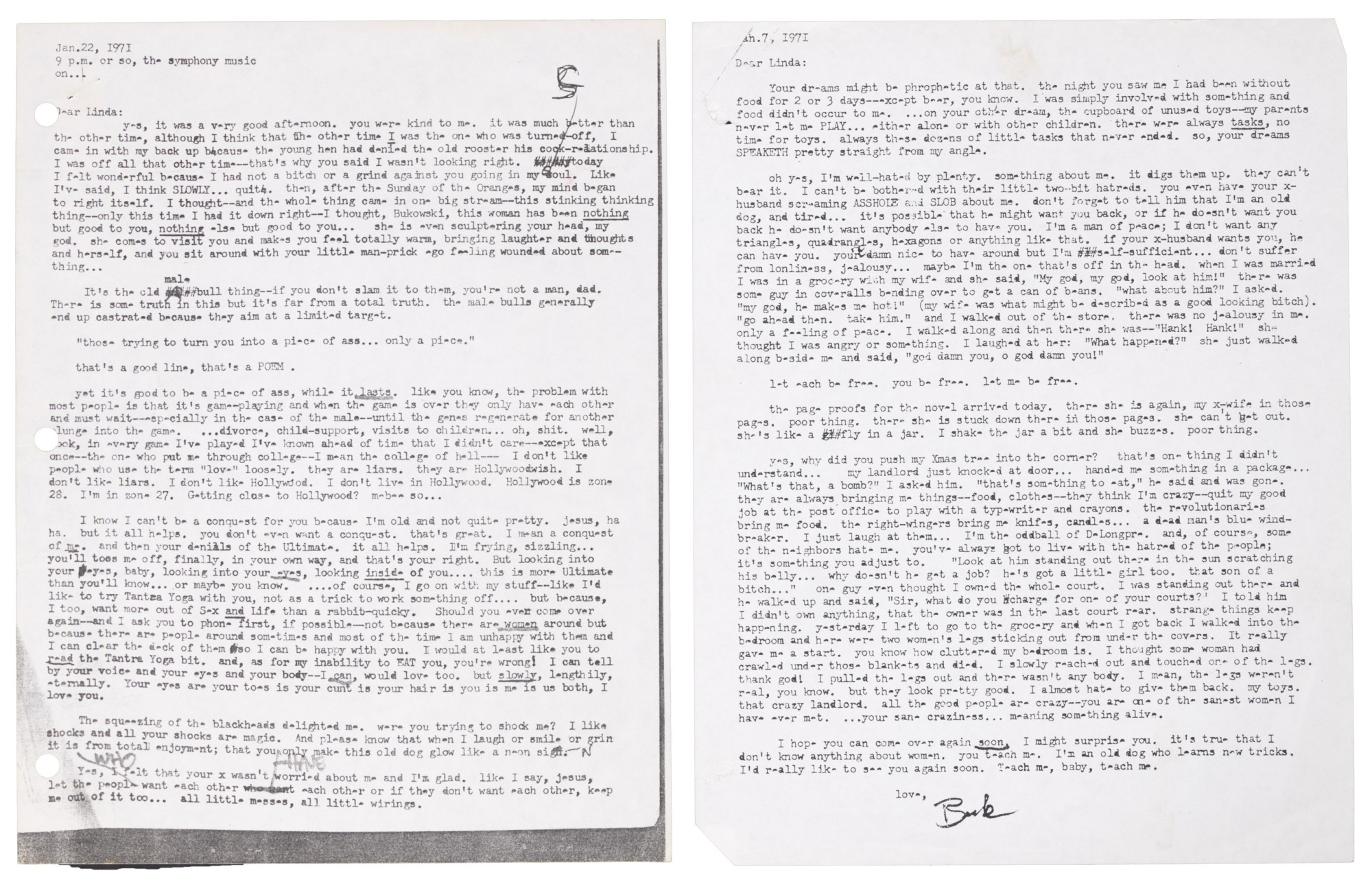 Large selection of photocopied letters from Linda King to Charles Bukowski