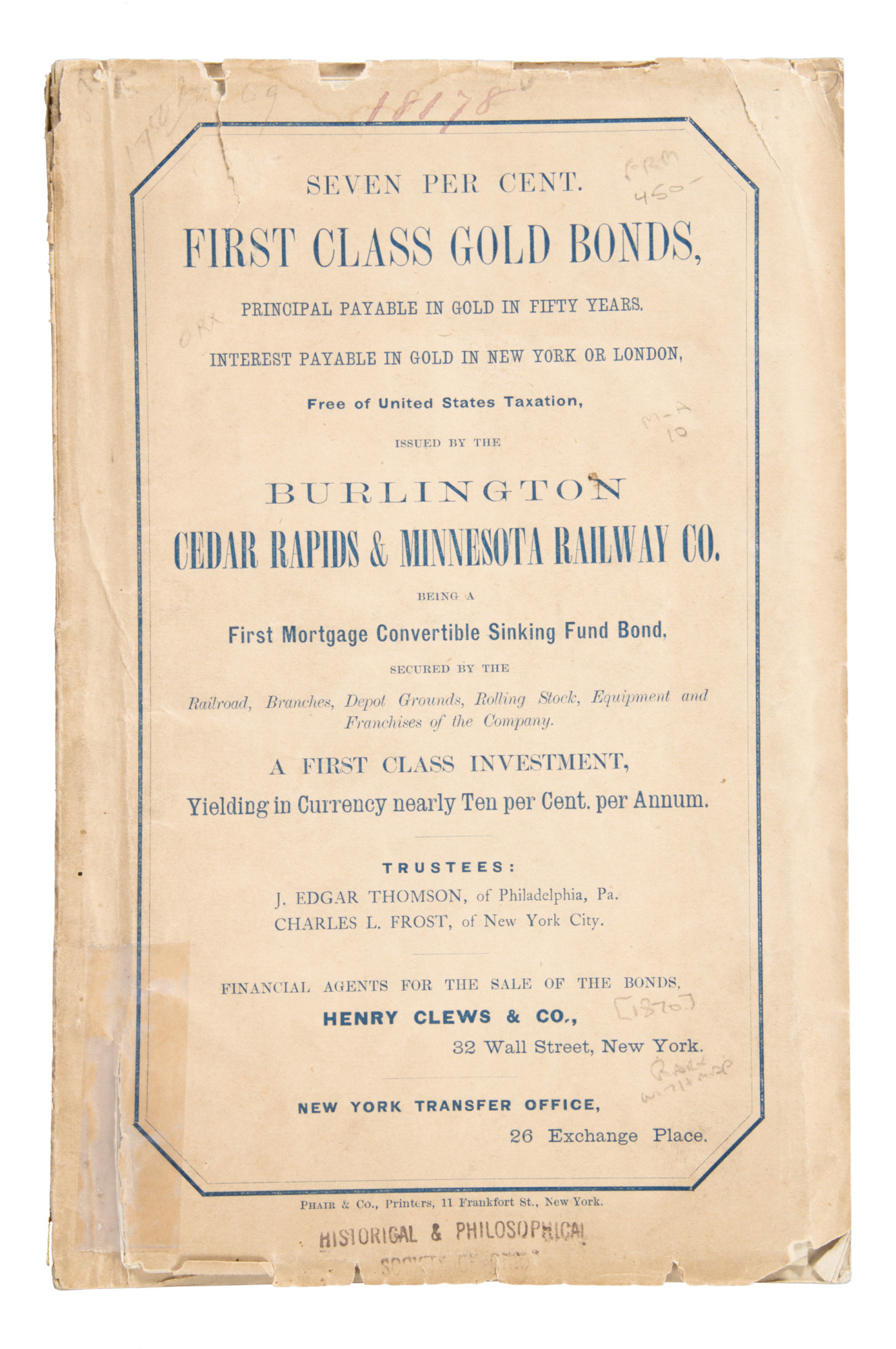 Seven Per Cent First Class Gold Bonds, Principal Payable in Gold in ...