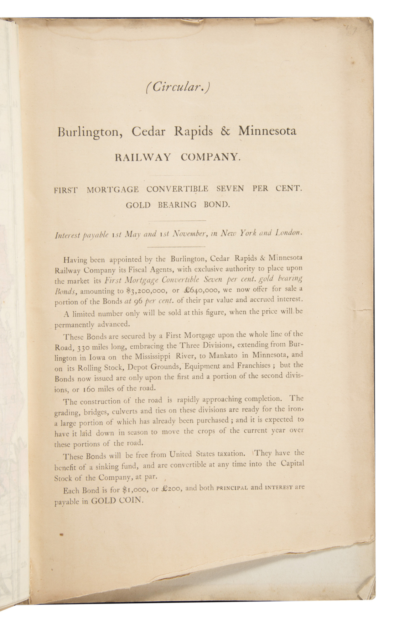 Seven Per Cent First Class Gold Bonds, Principal Payable in Gold in ...