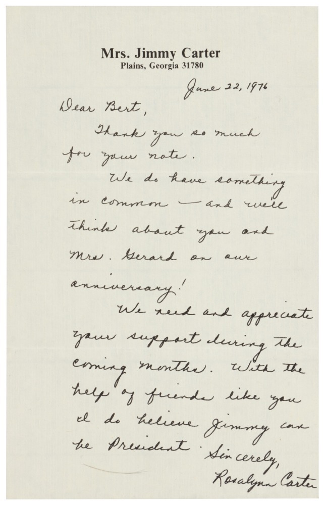 Photograph signed by Rosalynn Carter as First Lady [with] signed note