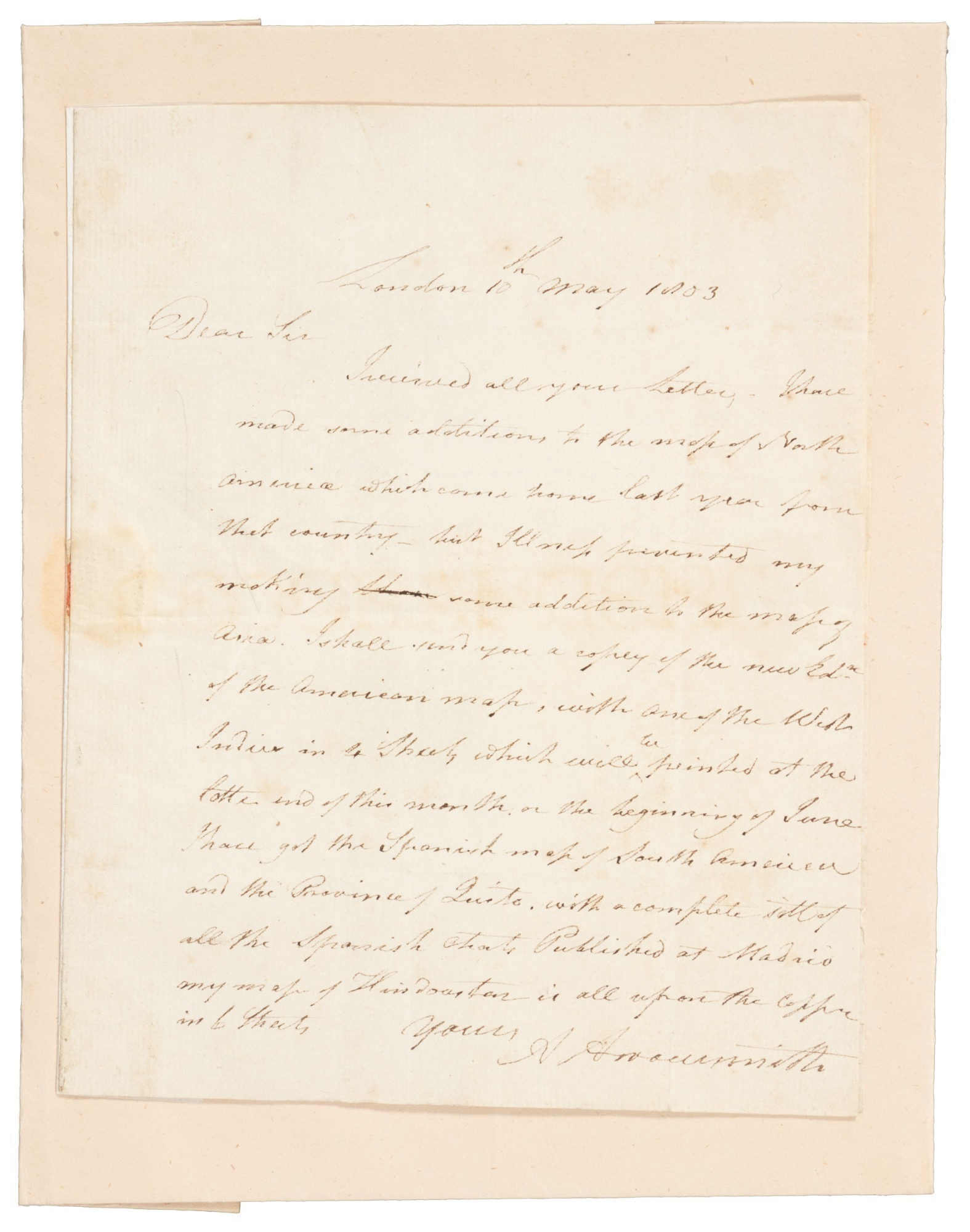 Letter from cartographer Aaron Arrowsmith to map publisher John Pinkerton