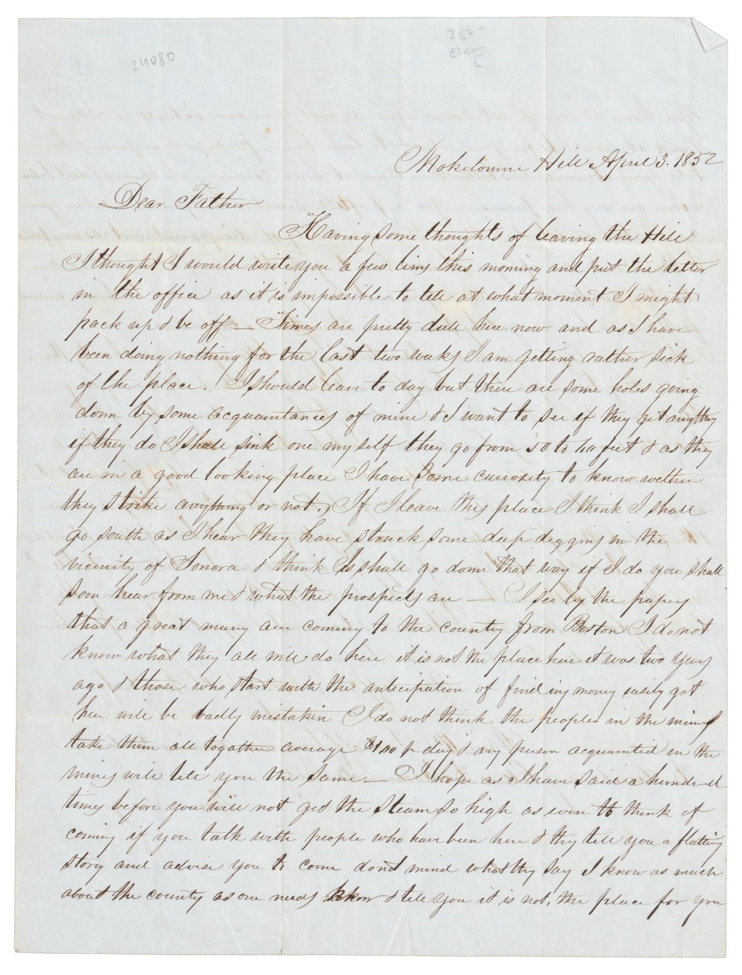 Letter from George F. Chamberlain to father during California Gold Rush