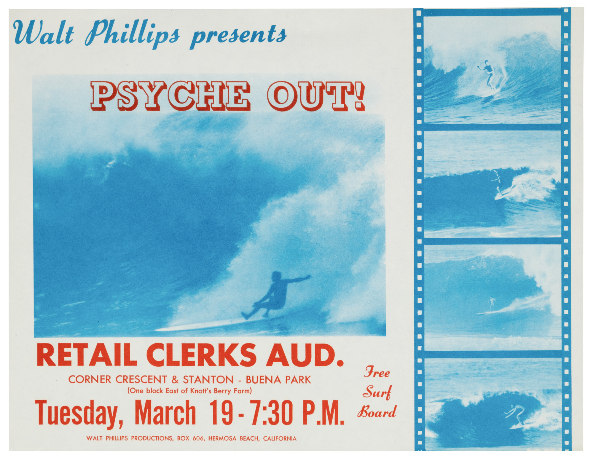 Two Walt Phillips surf film flyers/posters