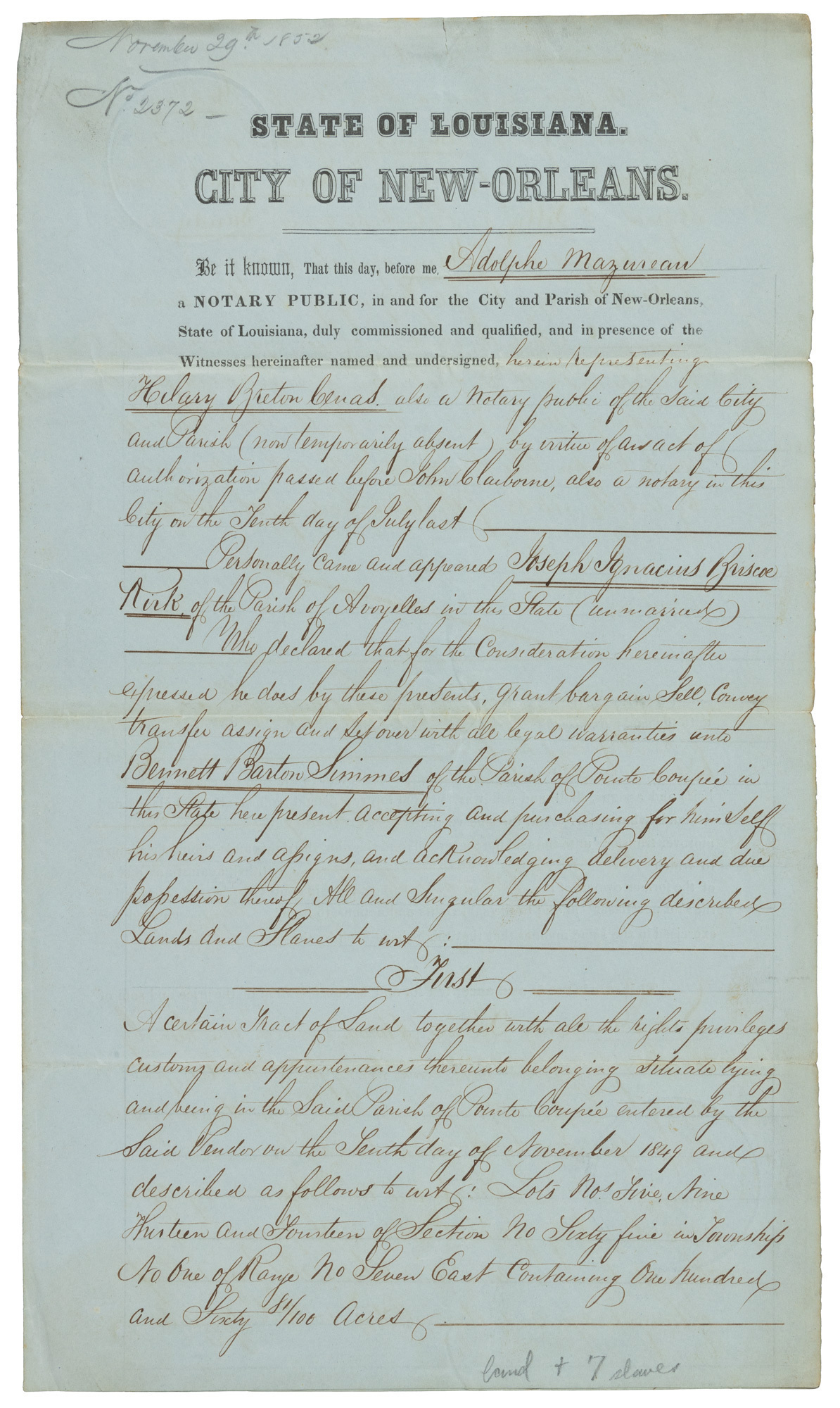 Slave purchase document from New Orleans, 1852