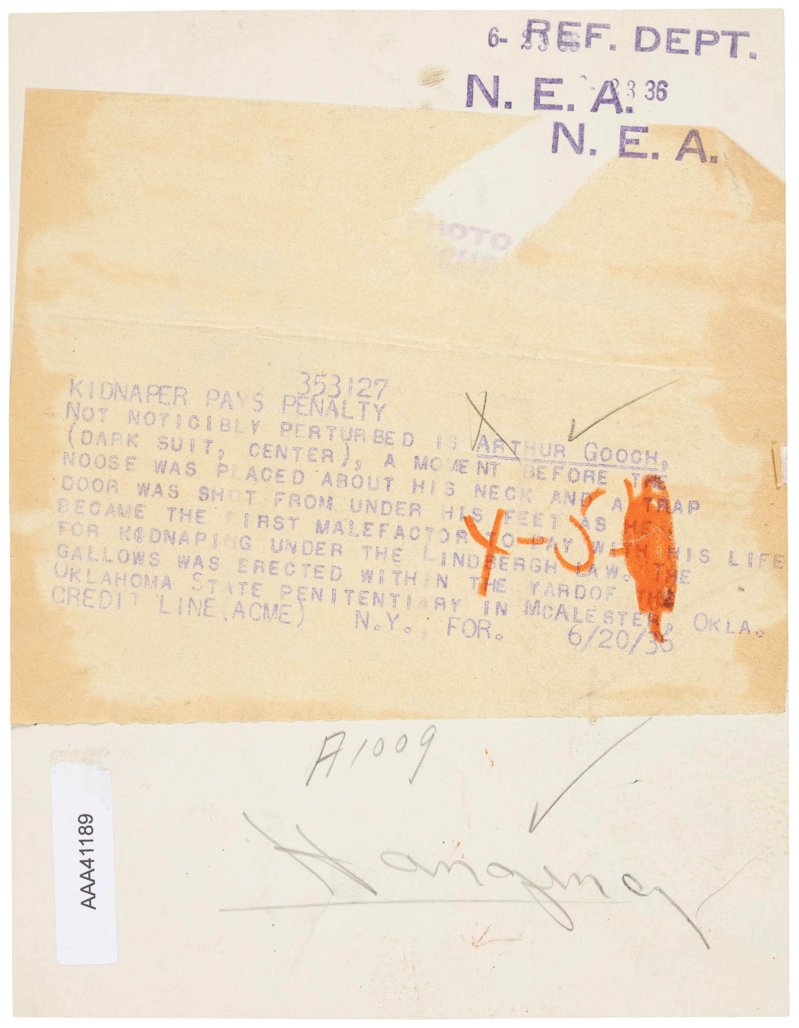 Photograph of Arthur Gooch, about to be hung for his part in kidnapping ...