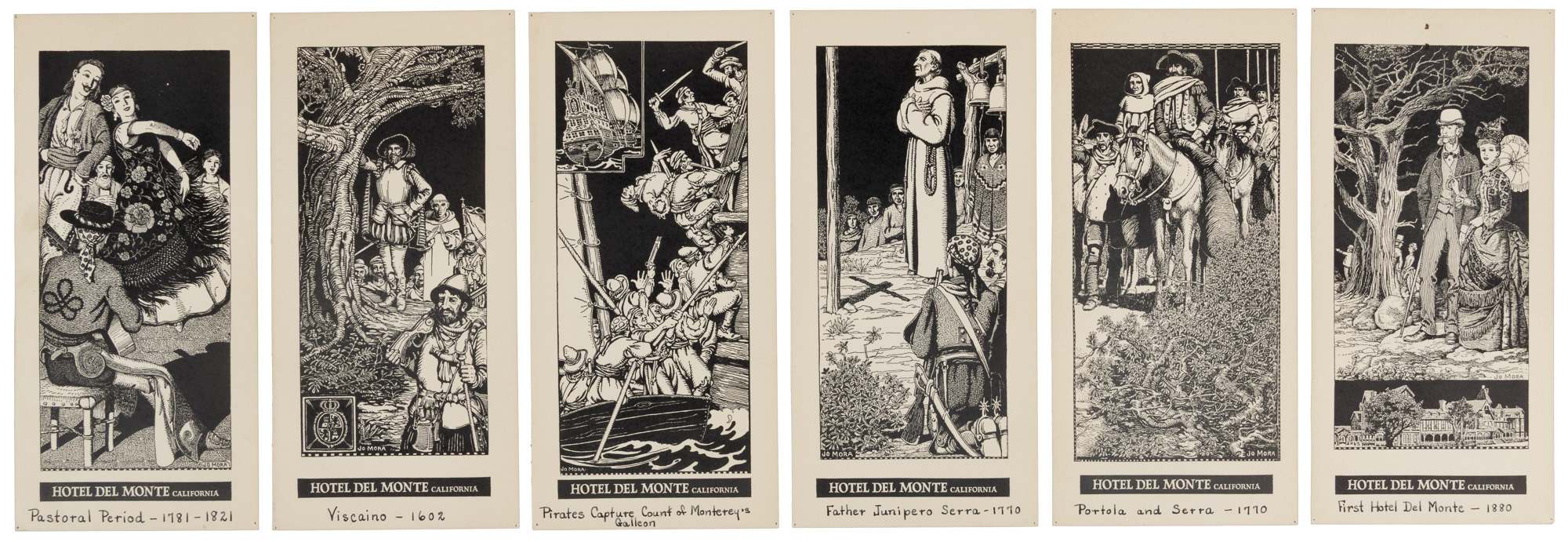 Twelve illustrated plates from the Hotel Del Monte menus by Jo Mora