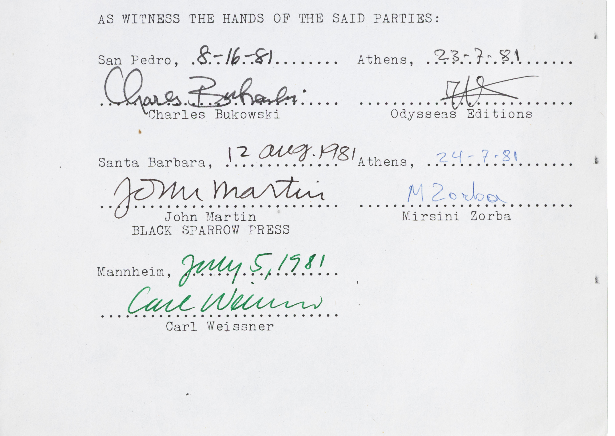 Publishing contract signed by Bukowski, John Martin, and others