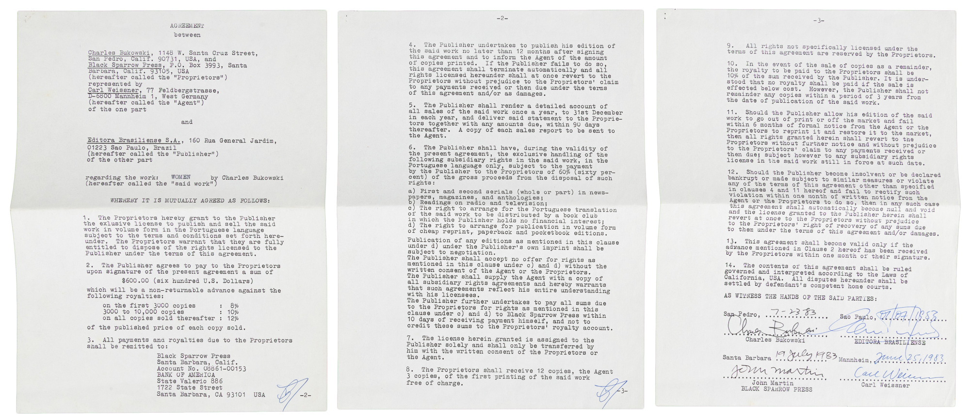 Publishing contract signed by Bukowski, John Martin, and others