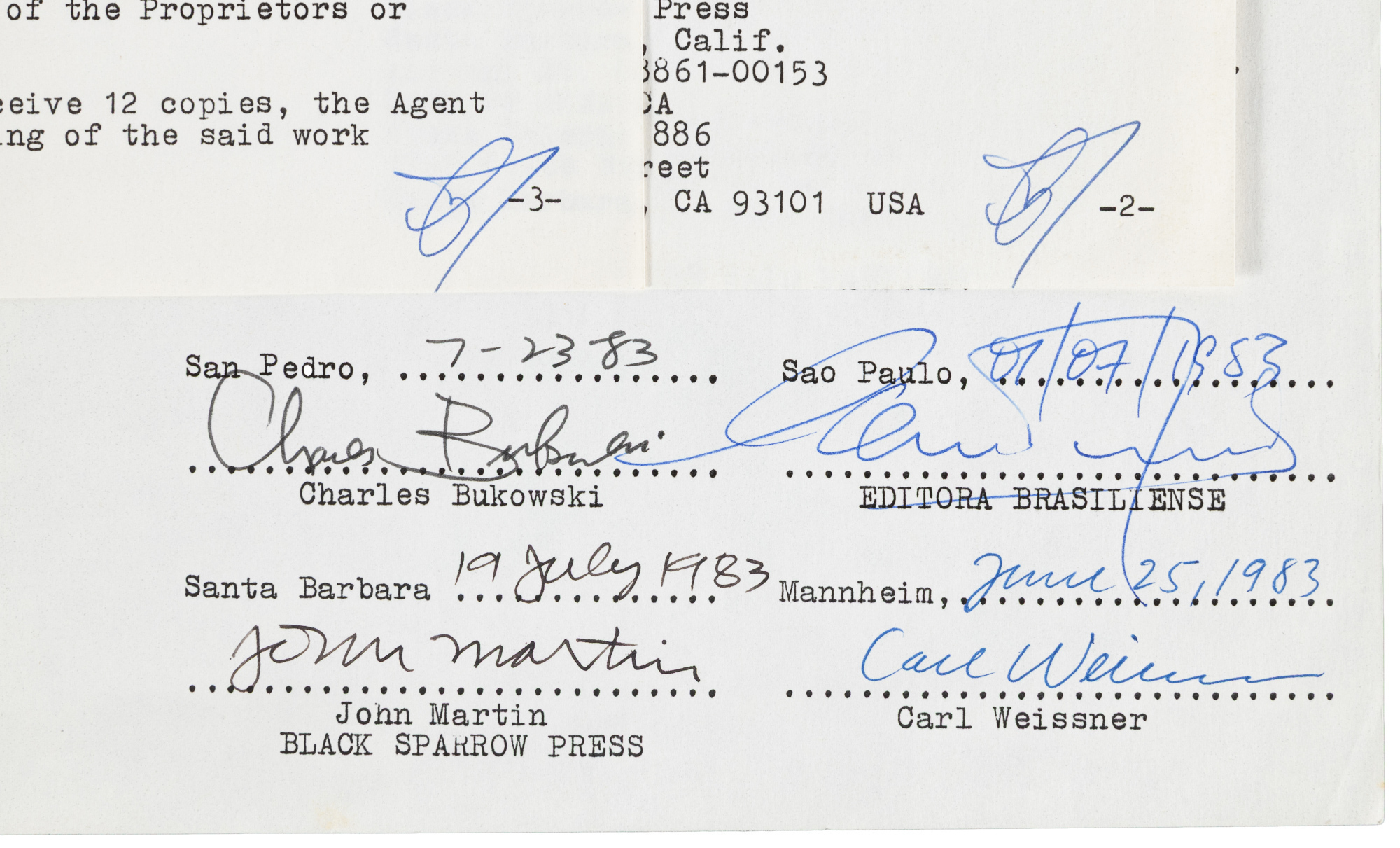 Publishing contract signed by Bukowski, John Martin, and others