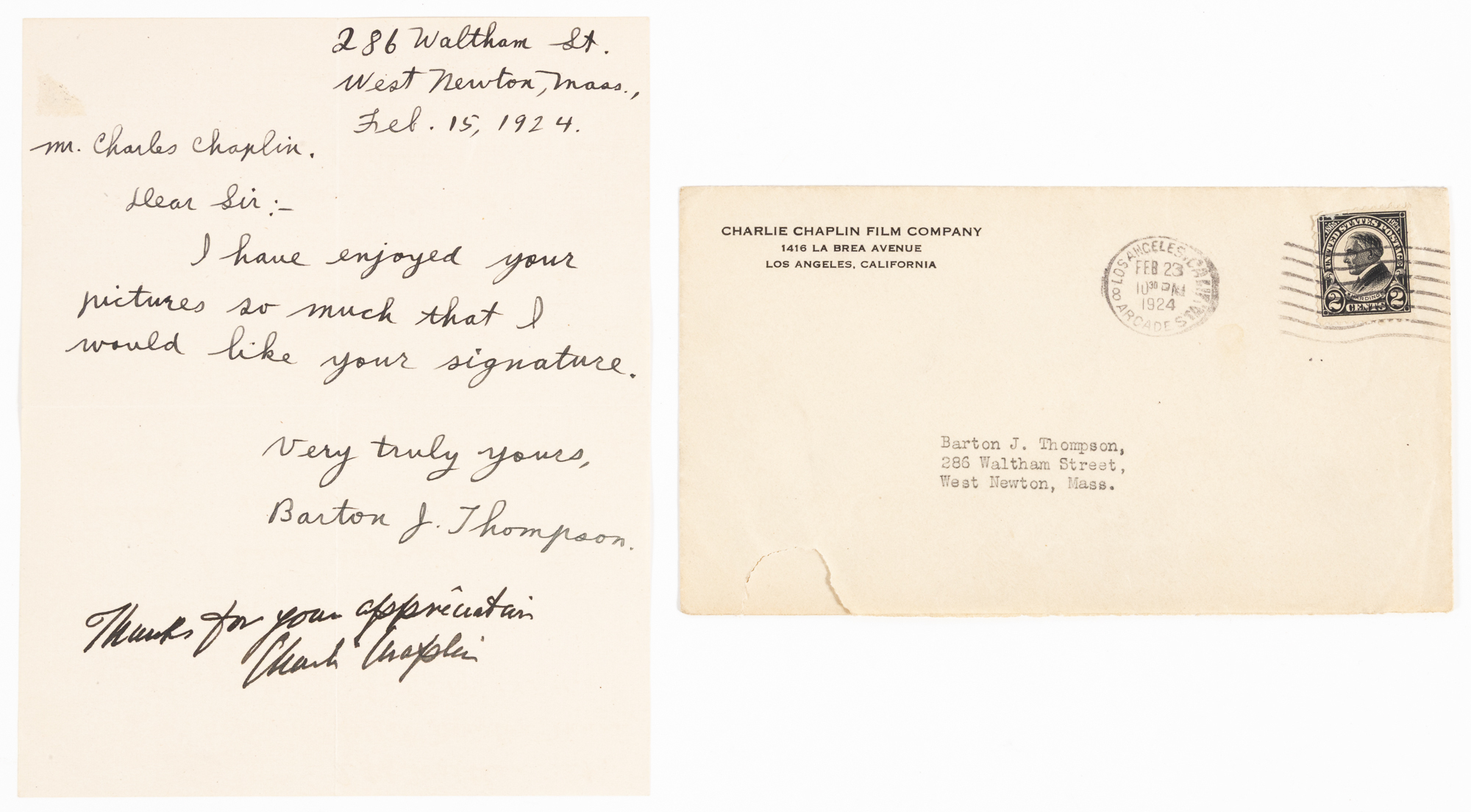 Salutation and signature of Charlie Chaplin on a letter from a fan ...