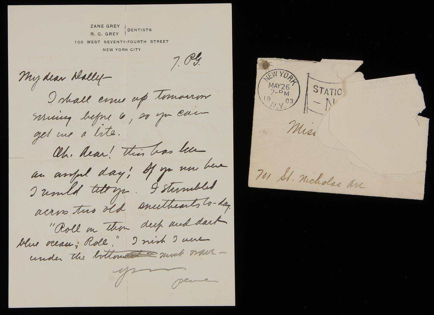 Autograph letter signed by Zane Grey to his future wife Dolly