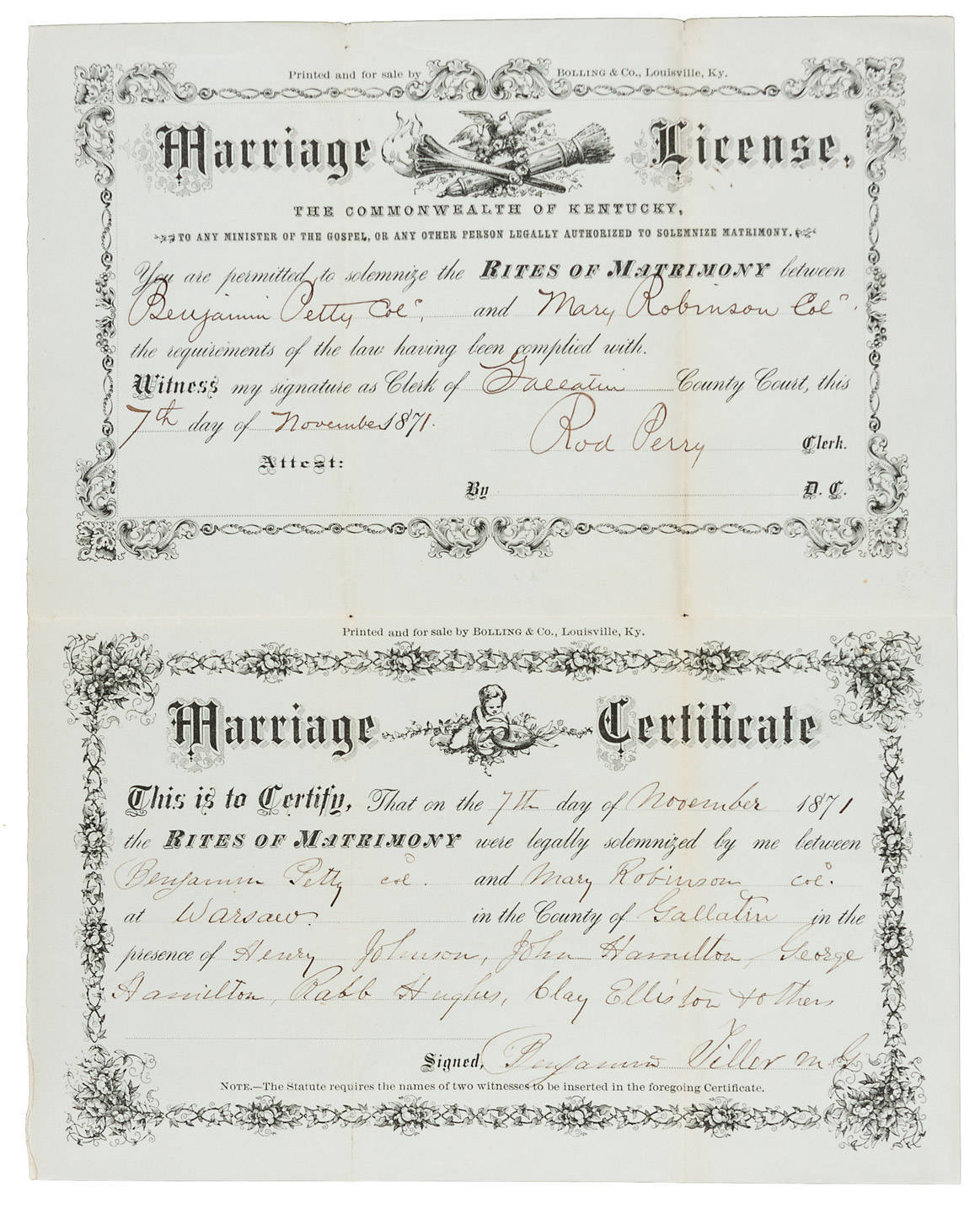 Printed and handwritten Marriage License and (attached) Marriage ...