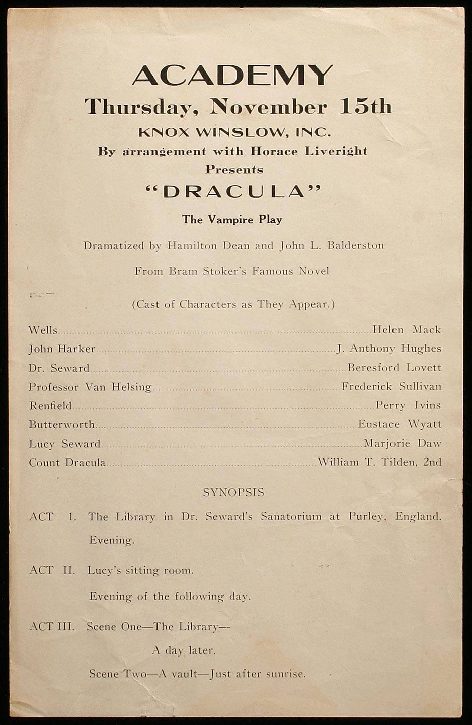 ''Dracula'' The Vampire Play. Dramatized by Hamilton Dean and John L ...